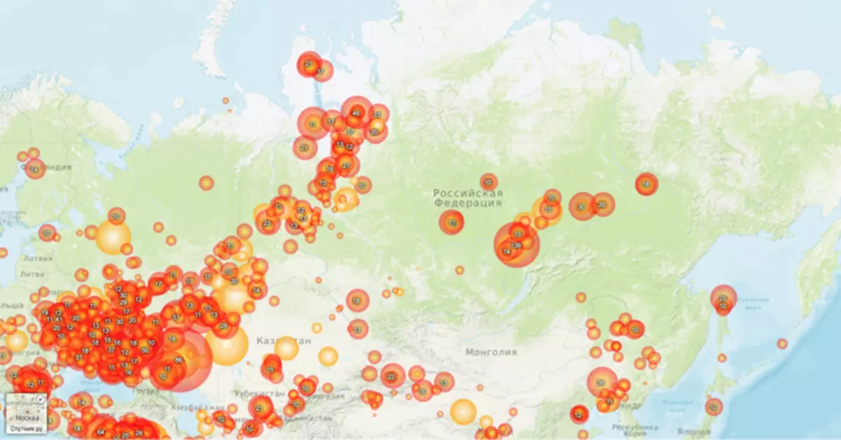 Пожар карти в Русия. Екран с fires.ru