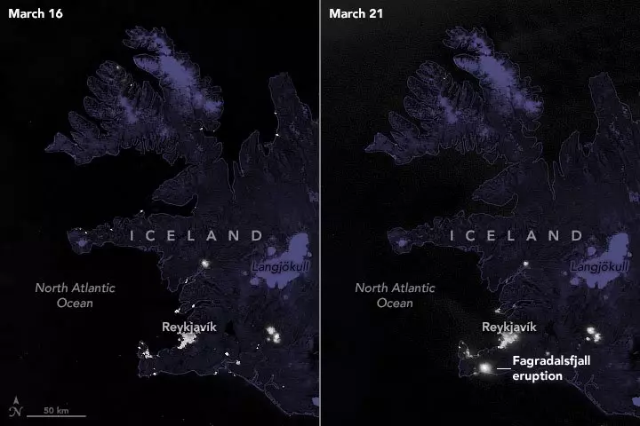 Hoe ziet de vulkanische uitbarsting eruit in IJsland met de AARDE ORBITS