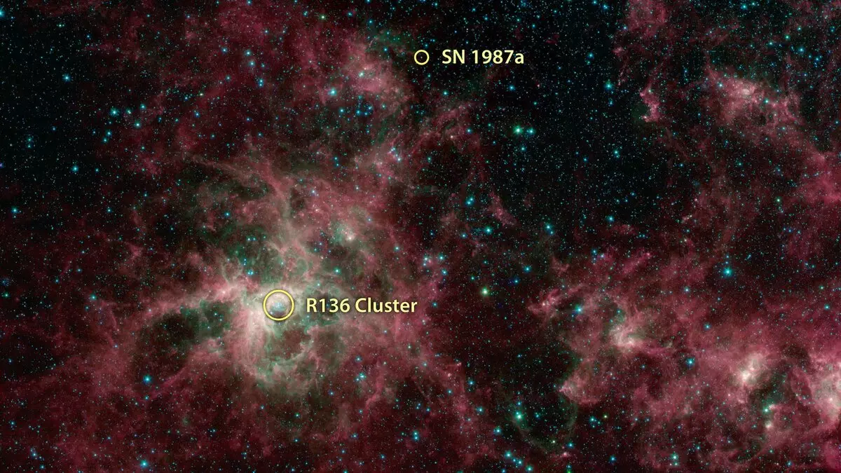 Tarantel Niwwel, Star Cluster R136. NASA, SPITFFE.CALTECH.EDU.