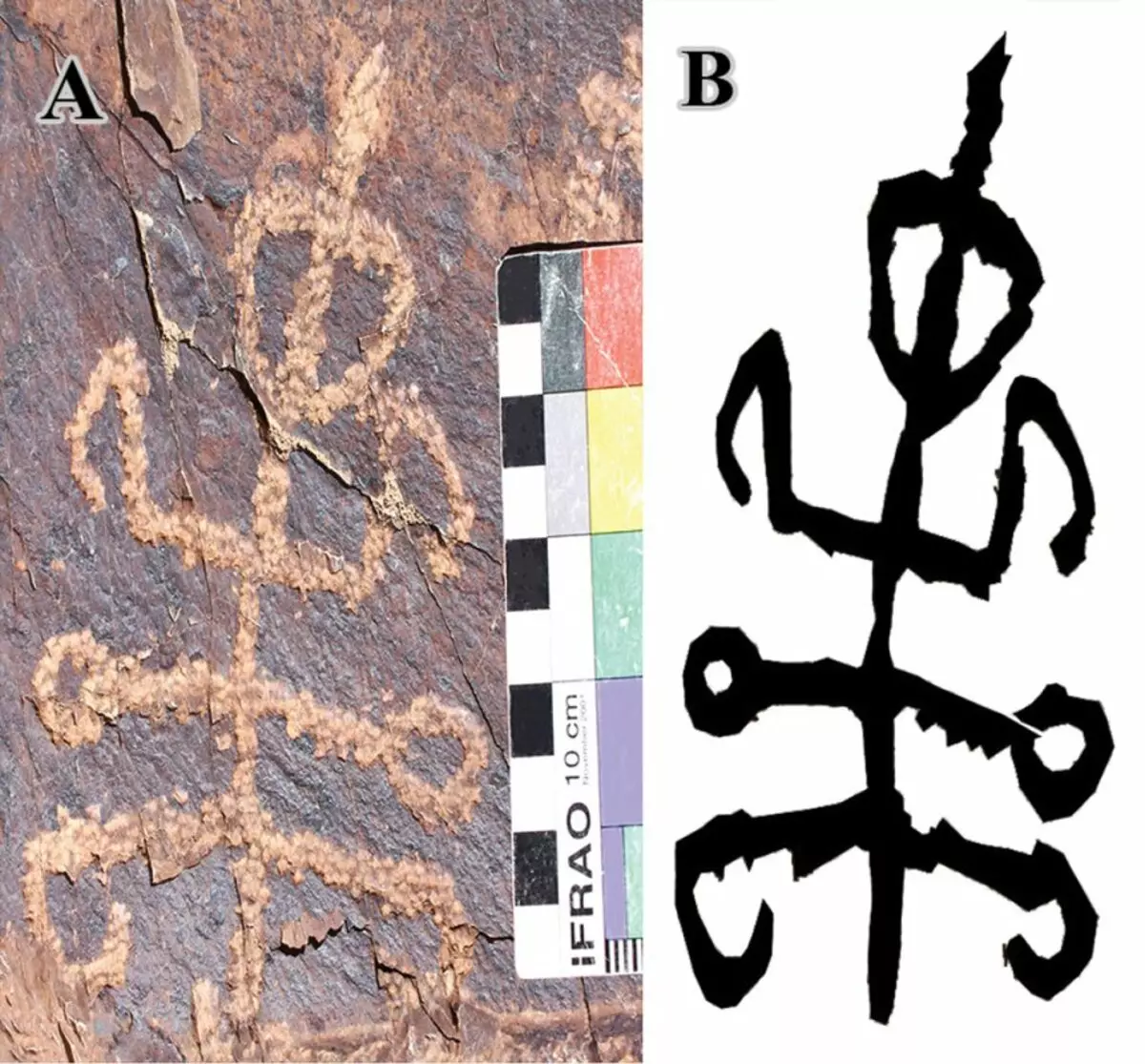 Di Petroglyph kuno, melihat seorang pria-mantomole