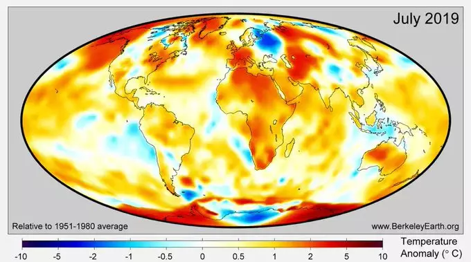 Temperaturni zemljevid sveta v juliju-2019
